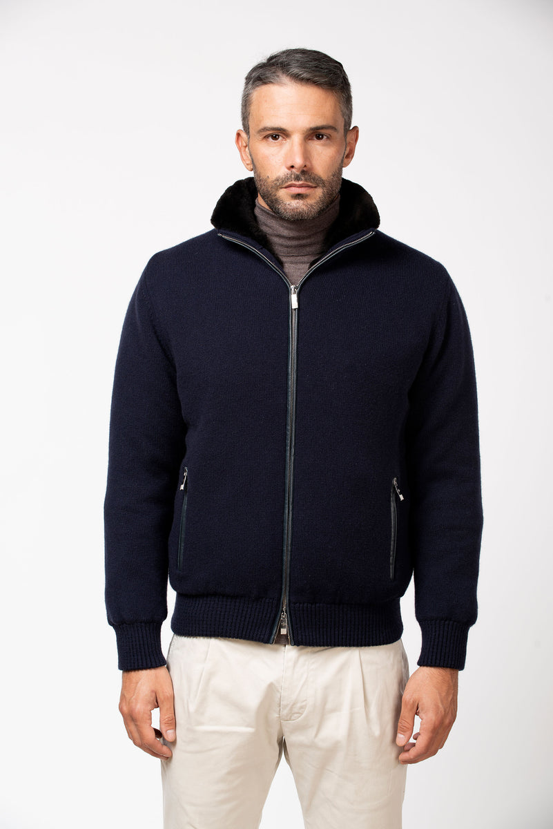 Bomber in cashmere con fodera di castorino Navy – PASHMERE Digital Boutique